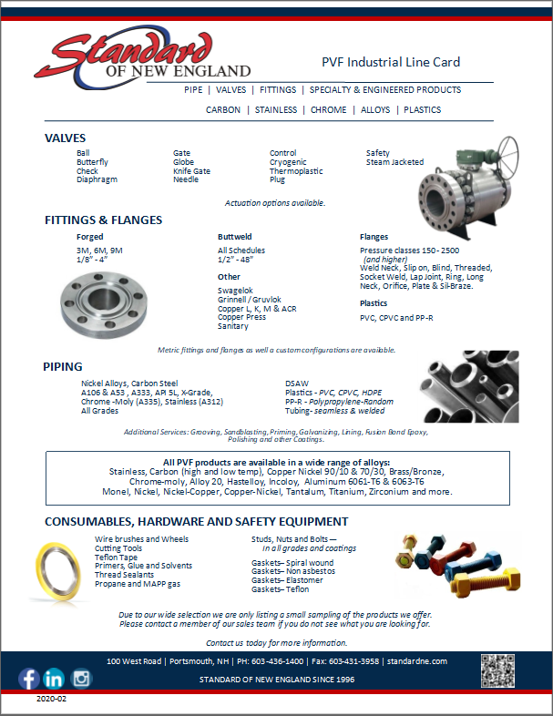 PVF Industrial Line Card | Standard of New England