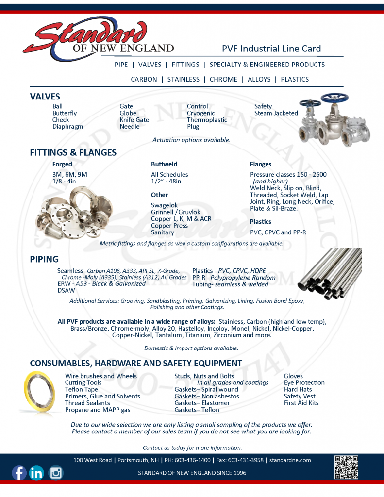 PVF Industrial Line Card | Standard of New England